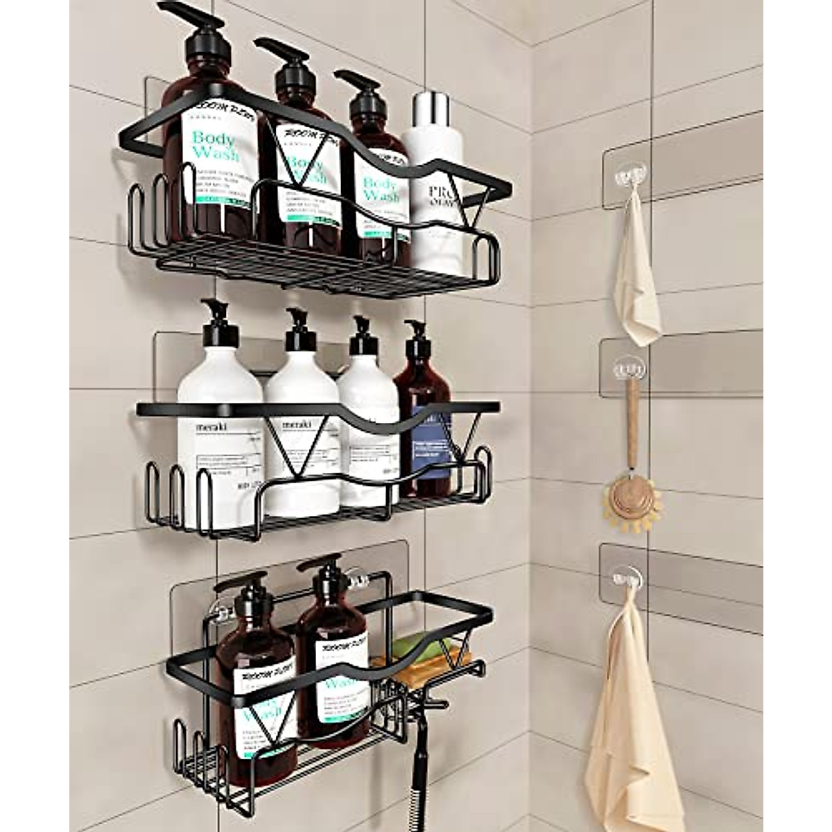longzon Shower Caddy with 6 Traceless Adhesive, 3 Pack Shower Organizer, No Drilling Stainless Steel Shower Shelf, for Bathroom Suction Cup Storage Rack Shelves Black