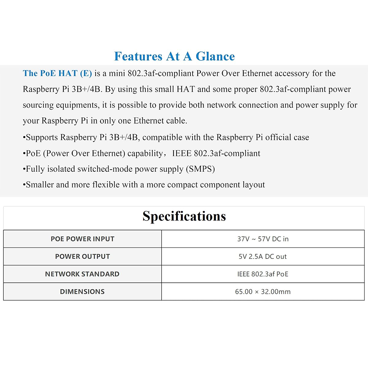 PoE HAT for Raspberry Pi 4B/Raspberry Pi 3B+, Power Over Ethernet (PoE) Support 802.3af PoE Network Standard, Compatible with Raspberry Pi Official Case, Support Connecting Cooling Fan
