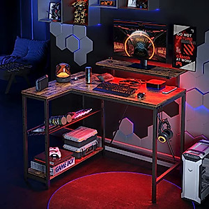 Bestier Small L Shaped Desk with Charging Port & LED Strip,Modern Computer Desk with Reversible Storage Shelves,Corner Desk with Hooks for Bedroom Office Studio Workstation,Rustic Brown