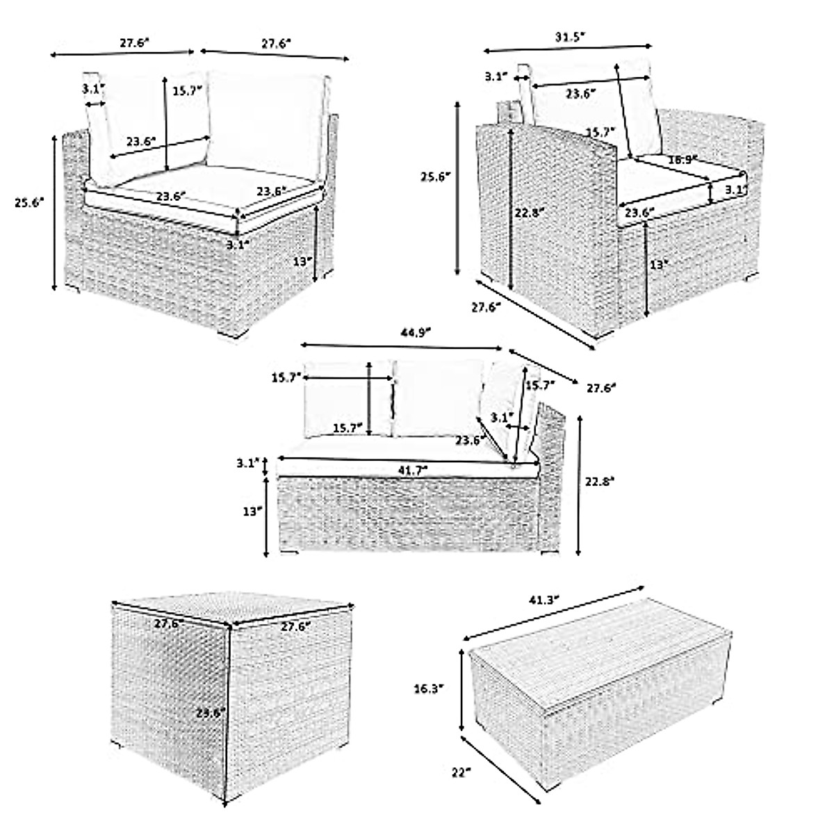 BIADNBZ 7 Piece Outdoor Patio Furniture Set for 6,All-Weather Wicker Sectional Sofa with a Loveseat and Storage Box, Rattan Conversation Couch with Glass Table for Garden Backyard, Grey
