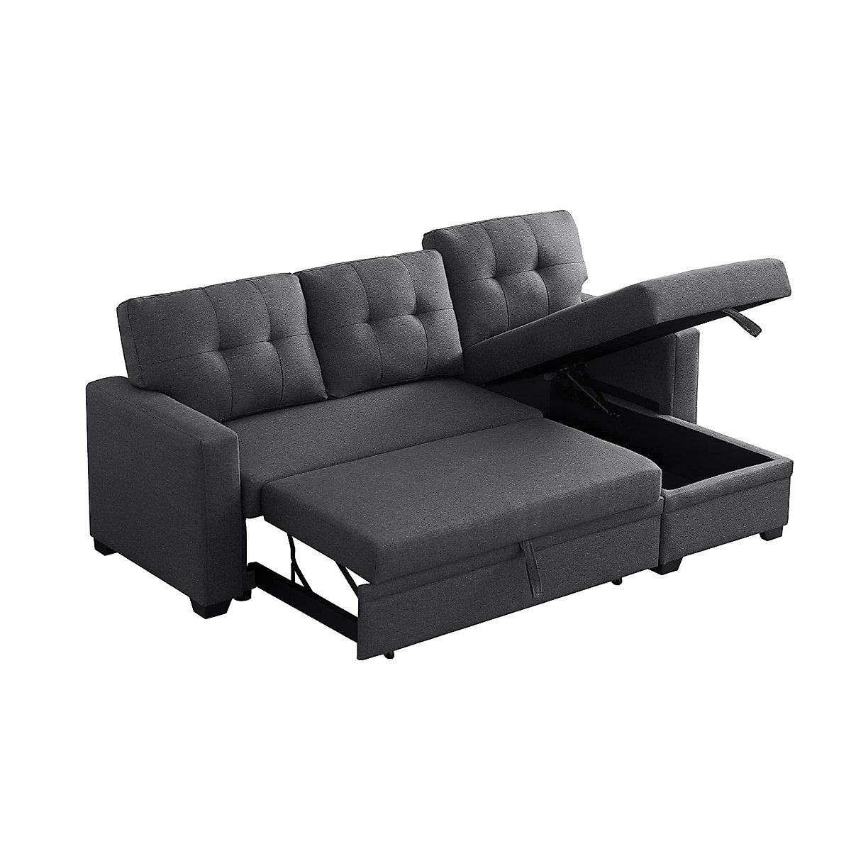 Prohon Sectional Multi-Functional Convertible Sleeper Sofa Bed, 3 Seats Loveseat with Pull Out Couch & Upholstered Chaise for Living Room Bedroom Home Office Apartment, Dark Gray
