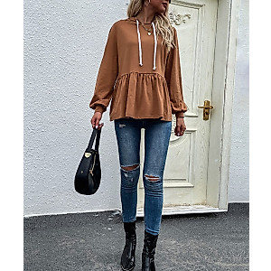 YOXUA Womens Casual Hoodies Peplum Tops, Long Sleeve Lightweight Drawstring Sweatshirt Jacket Pullover Shirts Blouse Coffee