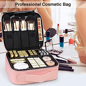 Bvser Travel Makeup Case, PU Leather Portable Organizer Makeup Train Case Makeup Bag Cosmetic Case with Adjustable Dividers for Cosmetics Makeup Brushes Women (Pink)