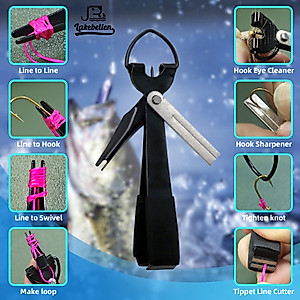 Lakebellen 4 in 1 Fly Line Clippers with Hook Sharpener File and Fishing Fast Knot Tyer with Split Rings Opener, Zinger Retractor, Magnetic Cap Clips, Upper Bait Aid Tools 4 pcs Combo for Anglers