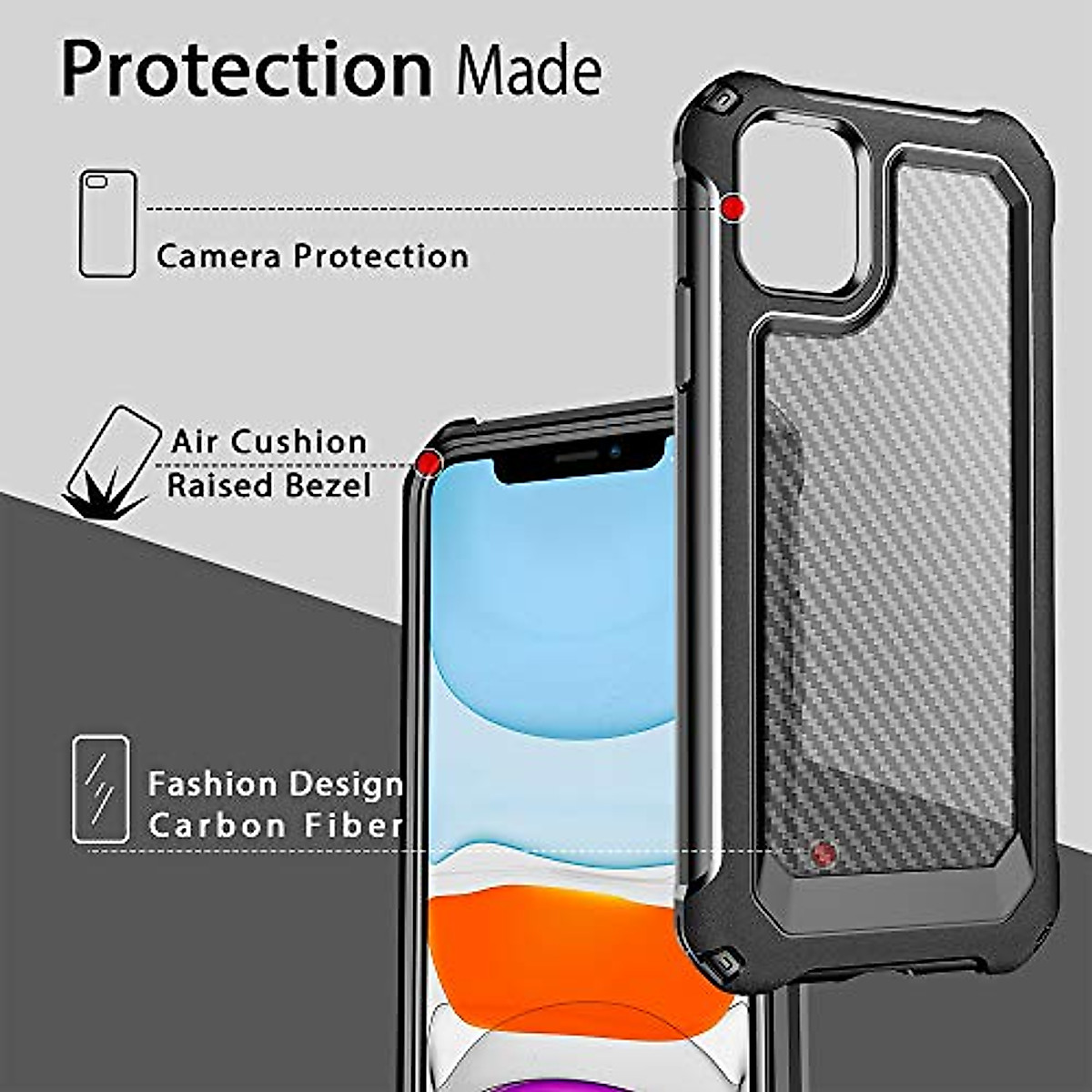 SUPBEC iPhone 11 Case, Slim Carbon Fiber Shockproof Protective Cover with Screen Protector [x2] [Military Grade Drop Protection] [Anti Scratch & Fingerprint], Phone Cases for iPhone 11, 6.1", Black