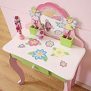 HILIROOM Kids Vanity Set with Mirror and Stool, Girls Makeup Vanity Wooden Dressing Table with Drawer, Princess Vanity Table and Chair Set, Pretend Play Vanity Set for Little Girls