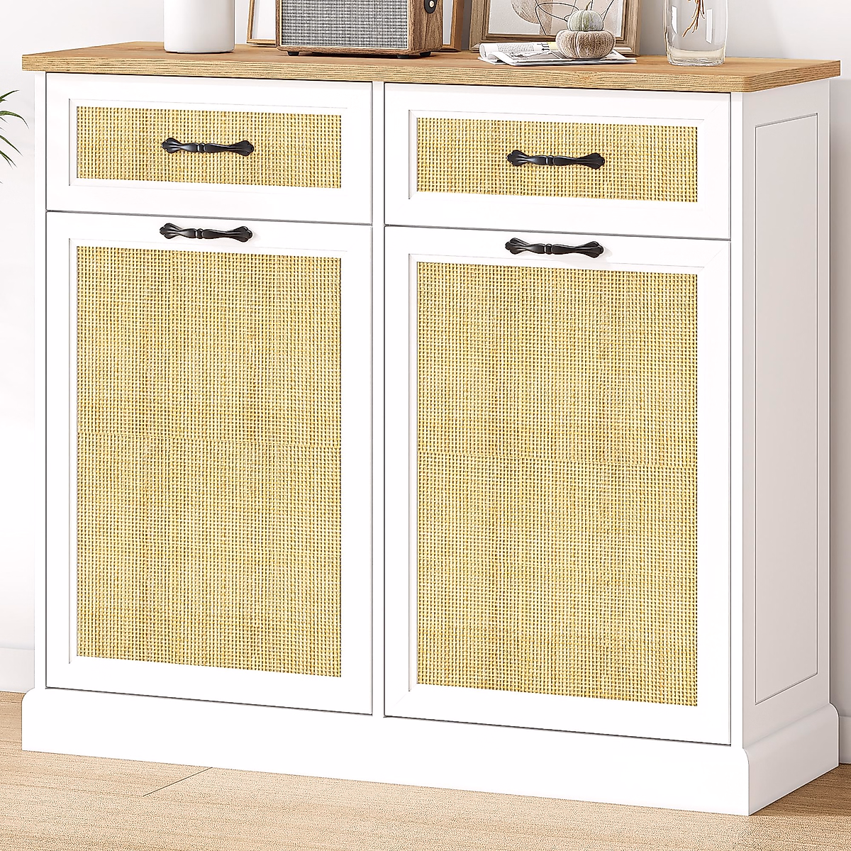 Double Tilt Out Kitchen Trash Cabinet,Freestanding Trash Cabinet with Countertop and Drawer,Wooden Pet Proof Recycling Cabinet, Hideaway Trash Holder for Home Kitchen Bathroom Living Room Single