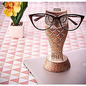 Eximious India Wooden Owl Glasses Holder Stand Reading Nightstand Eyeglass Retainer Gifts for Women Men Mom Dad Car SPWW02