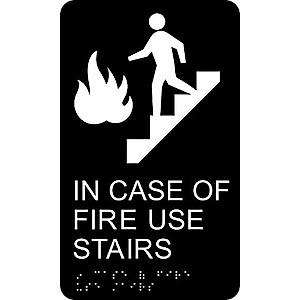 HY-KO Products DB-18 In Case Of Fire Use Stairway Braille Sign, White/Black, 6" x 10"