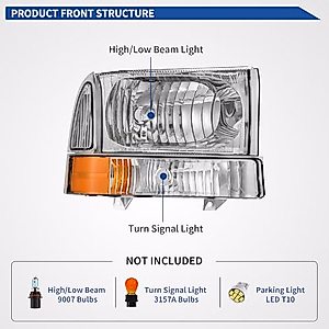 oEdRo Headlight Assembly Compatible with 1999-2004 Ford F250/F350/F450/F550 Super Duty/2000-2004 Ford Excursion, Headlamp with Amber Reflector Clear Lens