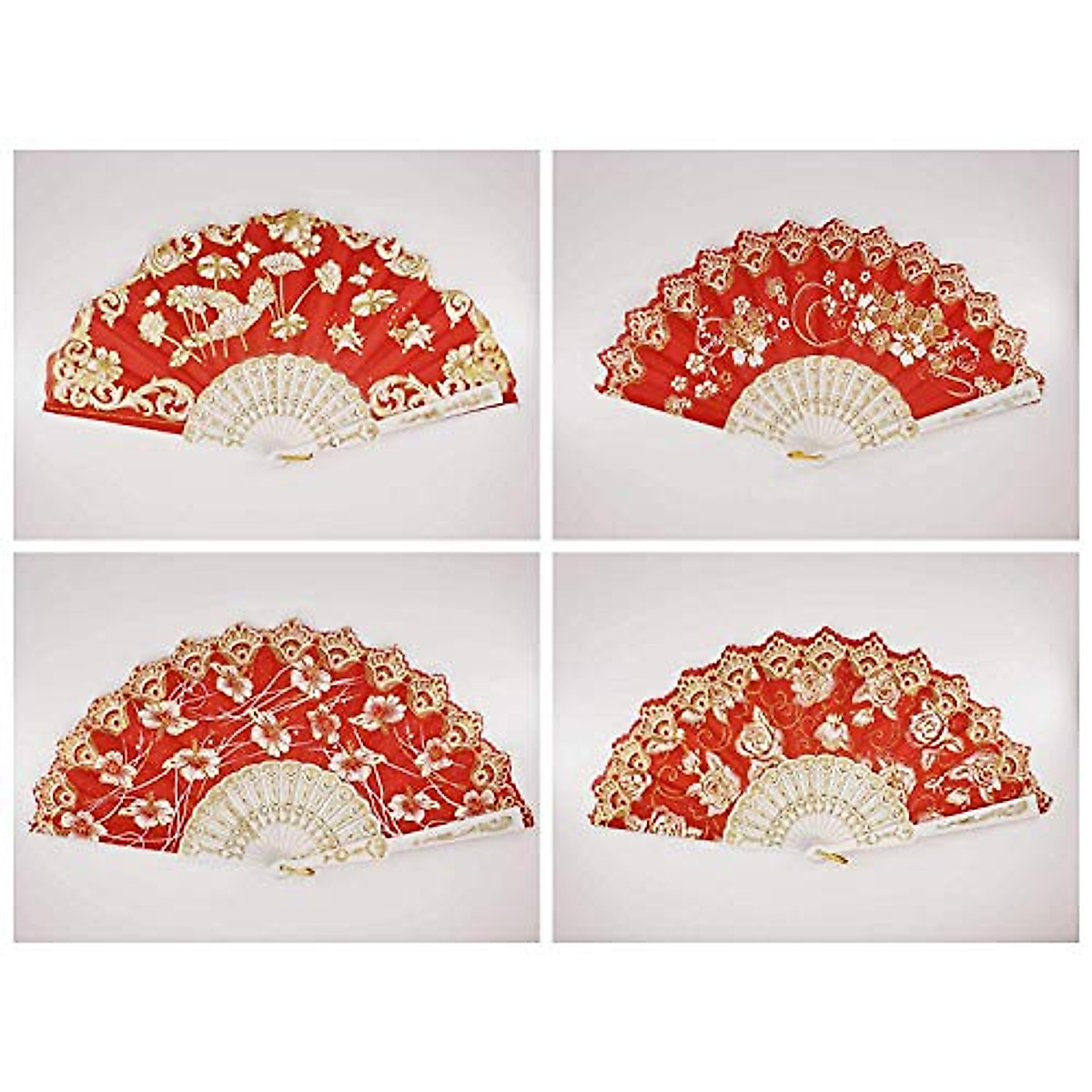 YRP 12 Pc Mix Spanish Style Red and Gold Glitter Floral Pattern Folding Fan for Wedding Party Decor/Sweet 15 favors/Dancing Hand Fan/Table Setting/Wall Decoration/Out Door Wedding/Wedding Gift