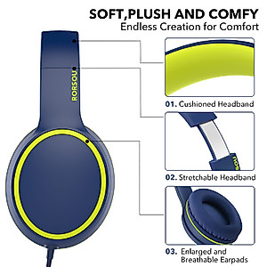 RORSOU R10 On-Ear Headphones with Microphone, Lightweight Folding Stereo Bass Headphones with 1.5M No-Tangle Cord, Portable Wired Headphones for Smartphone Tablet Computer MP3 / 4 (Blue)