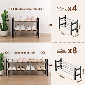 Nroech Expandable Shoe Rack Storage Organizer-Adjustable 2 Tier Wood and Metal Shoe Shelf Heavy Duty Free Standing Shoe Rack for Closet Bedroom Entryway (Black)