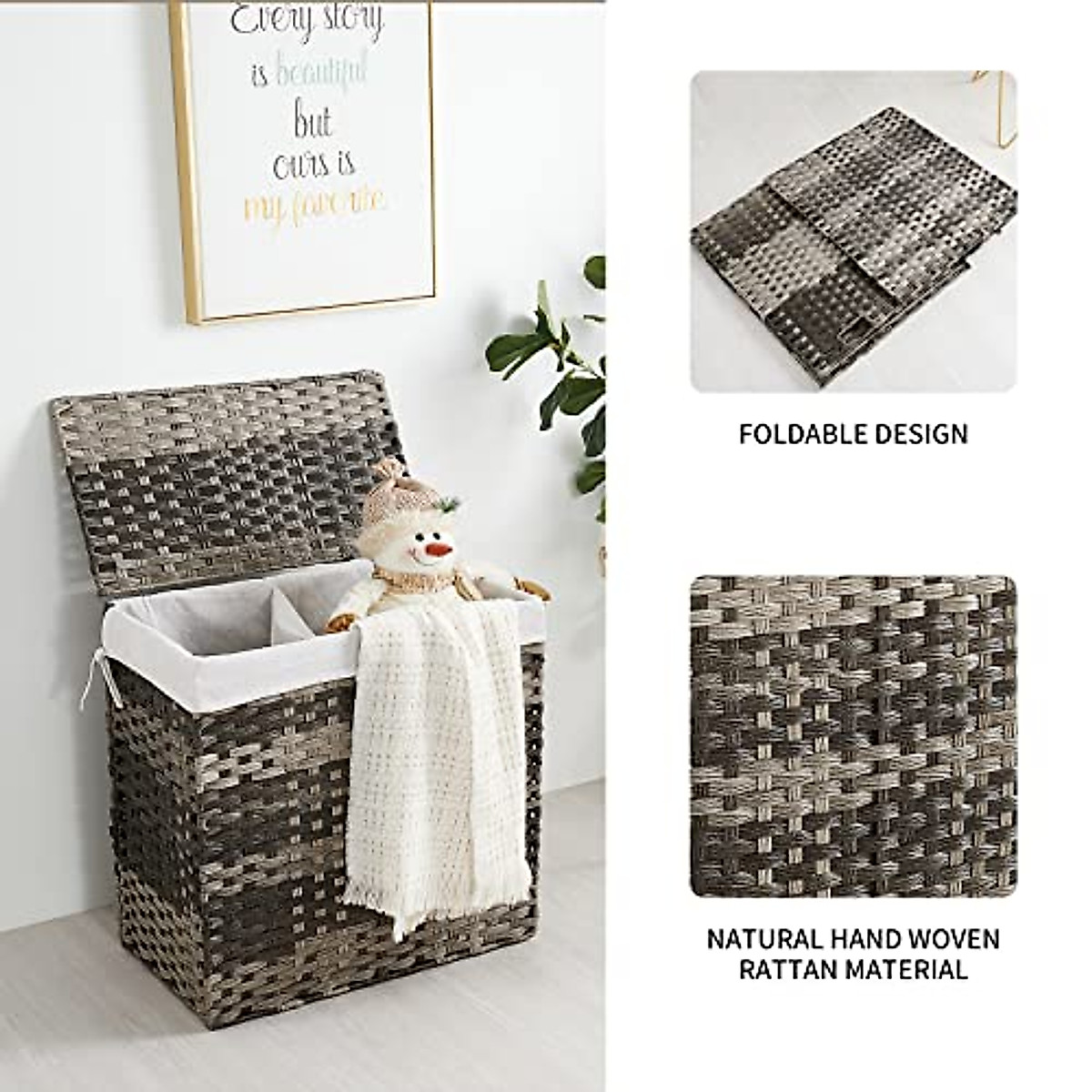 Caozichun Laundry Hamper, 110L Divided Laundry Basket with Removable Liner Bag, Handwoven Synthetic Rattan Clothes Hamper with Lid and Handles, Foldable, 22 x 13 x 24 Inches, Gray