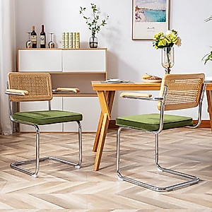 Zibeths Olive Green Dining Chairs, Cane Back Side Chairs with Armrest, Cesca Dining Chairs Set of 2, Velvet Upholstered and Chrome Legs for Dining Room, Living Room, Kitchen