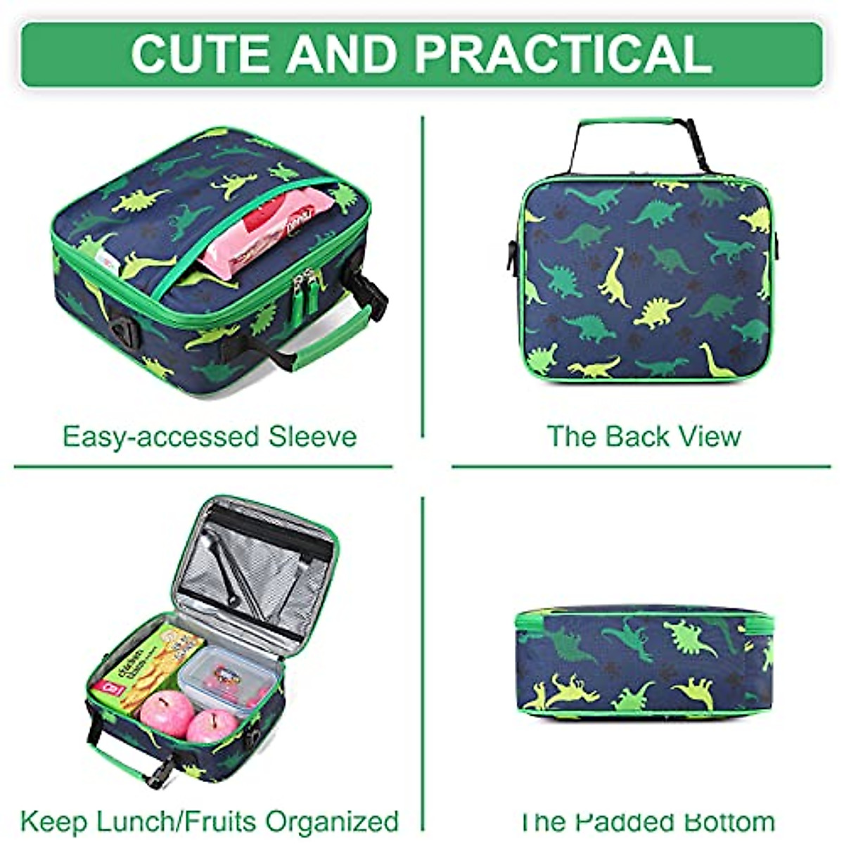 VASCHY Lunch Box Bag for Kids, Reusable Insulated Lunch Box Containers Coolers for Toddler Boys and Girls with Detachable Shoulder Strap for Daycare School Dinosaurs