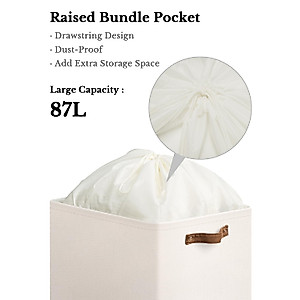 StorageWorks Fabric Storage Bin with Drawstring Closure, Foldable Storage Baskets for Organizing, Closet Storage Bins with PU Handles, Beige, Large, 3-Pack