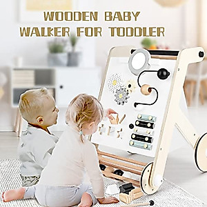 Asweets Wooden Baby Walker Push and Pull Learning Activity Walker with Roller for Boys and Girls Stand Learning Walker Toddler Toy