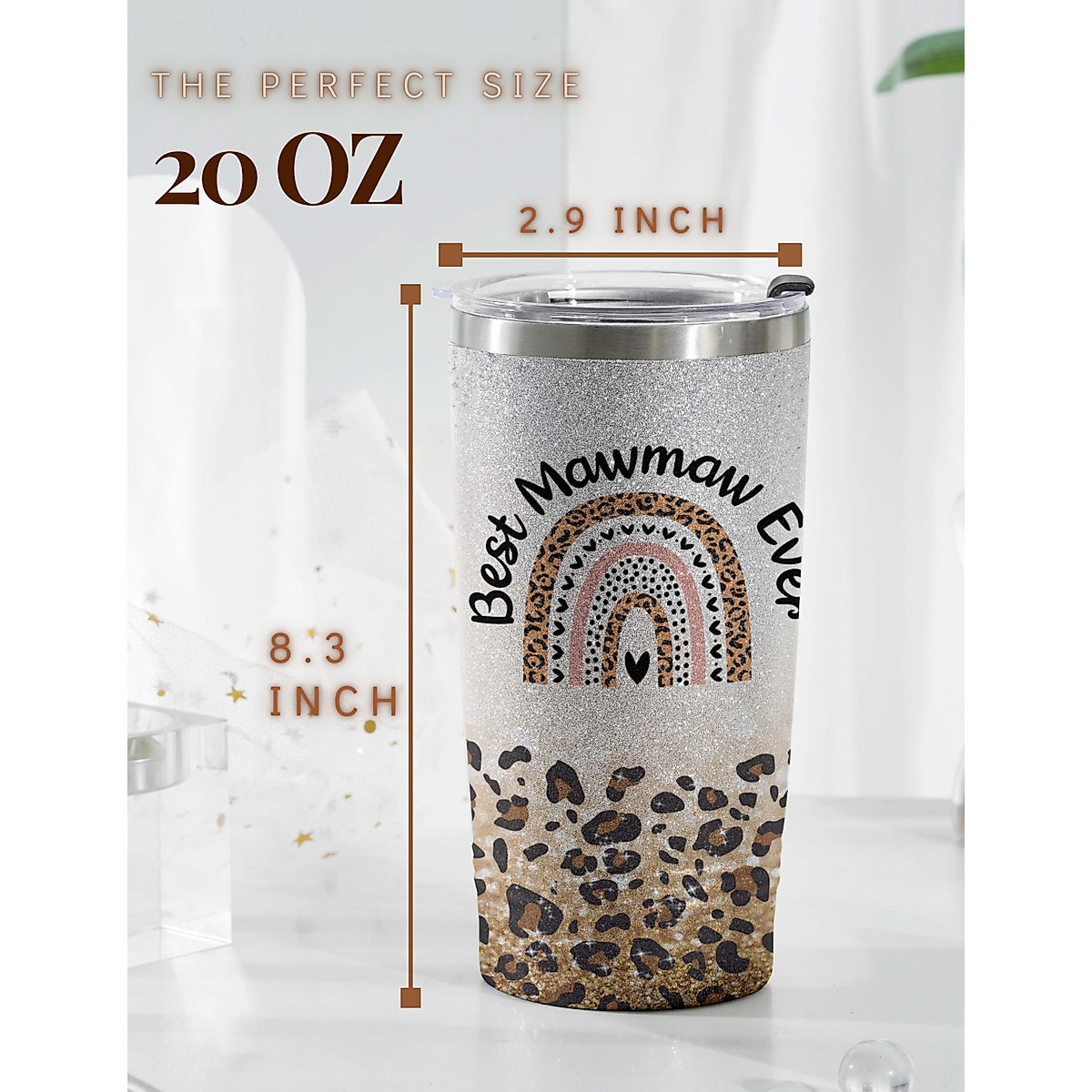 Onebttl Mawmaw Gifts from Granddaughter, Grandson, Insulated Stainless Steel Wine Tumbler with Lid and Straw, for Grandma on Mother's Day, Birthday, Christmas, Best Mawmaw Ever, Glitter Silver, 20 oz