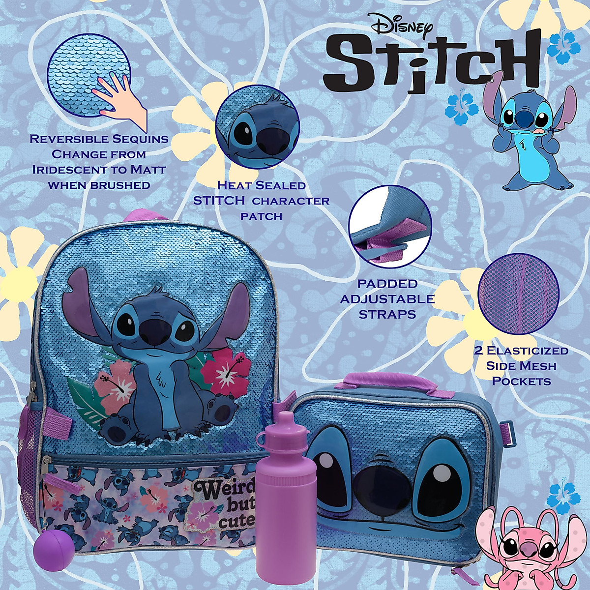 Disney Lilo & Stitch Girls 4 Piece Backpack Set, Blue Flip Sequin School Travel Bag with Front Zip Pocket, Mesh Side Pockets, Lunch Box, Water Bottle, and Squish Ball Dangle