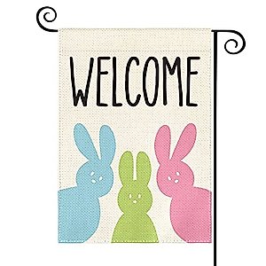 AVOIN colorlife Easter Rabbit Garden Flag 12x18 Inch Double Sided Outside, Small Burlap Welcome Bunny Holiday Yard Outdoor Decoration