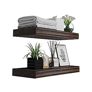 ZGREN Floating Shelves Natural Wood Rustic Wide Wall Mounted Shelf 16 inch Set of 2 Farmhouse Wooden Shelving Small Decorative Shelf for Bathroom, Bedroom, Kitchen, Living Room Decor, Black Dark Brown