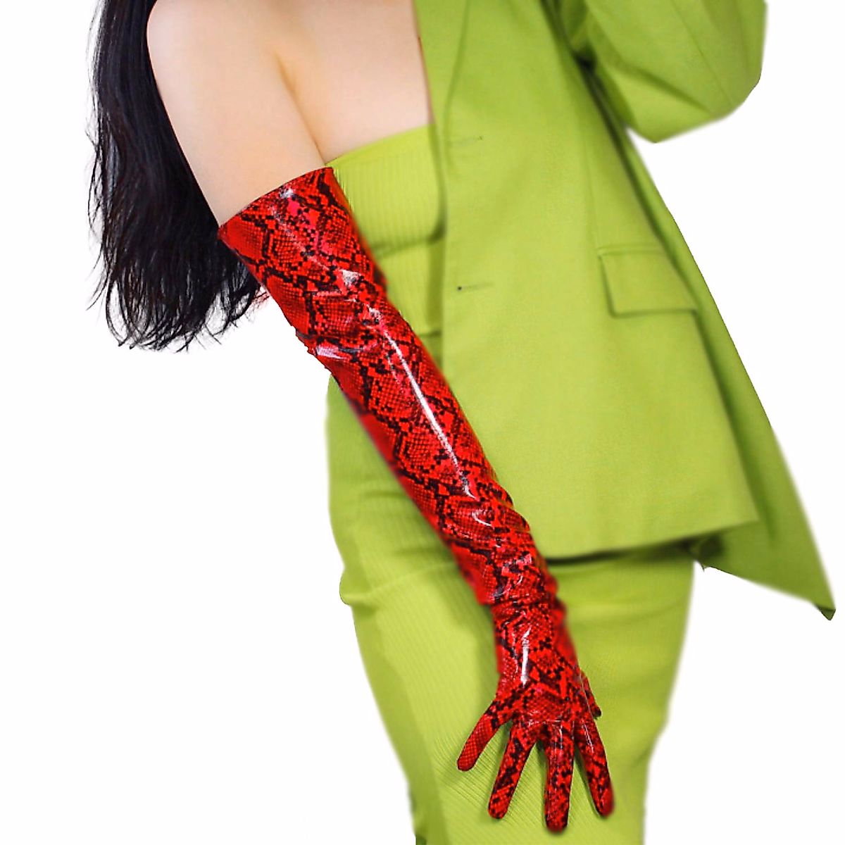 DooWay Latex Long Women Fashion Gloves Shiny Red Leather PU Wet Look 22-inch Elbow Opera Animal Print Python Snake