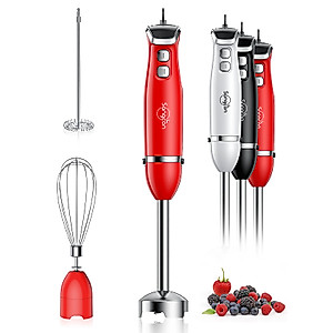 Sangcon Immersion Blender Handheld, 3-in-1 Hand Blender Electric, 400W Handheld Blender, Stainless Steel Blade Stick Blender with Whisk, Milk Frother Attachments - Red