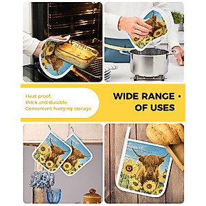 2 Pack Pot Holders for Kitchen Farm Scottish Highland Cow Yellow Sunflower Heat Proof Potholder Hot Pads Trivet,Vintage Farmhouse Wood Board Washable Coaster Potholders for Cooking Baking Grilling