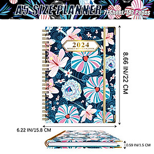 2024 Daily Planner with Stickers - 8.66"×6.2" January 2024 - December 2024 Happy Planners with Tabs, Twin Wire Spiral Binding Thick Paper Weekly and Monthly Academic Agenda Daily Notebook Pattern L