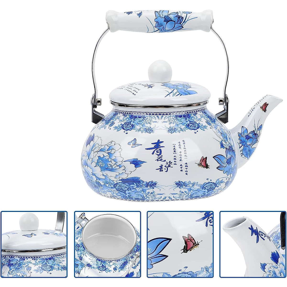 Enameled Teakettle, stove top kettle,Retro Decor Enameled Teakettle,Colorful Hot Water Tea Kettle,Ceramic Teapot Ceramic Enamel Teapot Tea Kettle Blue and White Porcelain Large Enameled Teakettle for