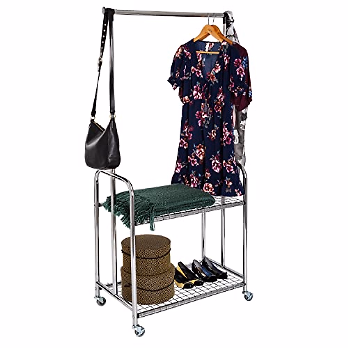 Seville Classics Closet Garment Organizer with Metal Hanging Rod Wardrobe Storage System w/Steel Shelves for Clothes, Shirts, Jackets, Coats, Blankets, Shoes