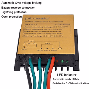 Pikasola Wind Turbine Charge Controller Mini Wind Turbine Generator Controller IP67 Waterproof 12V/24V Automatic Controller Suitable for 400Watt 500Watt 600Watt Wind Turbine System