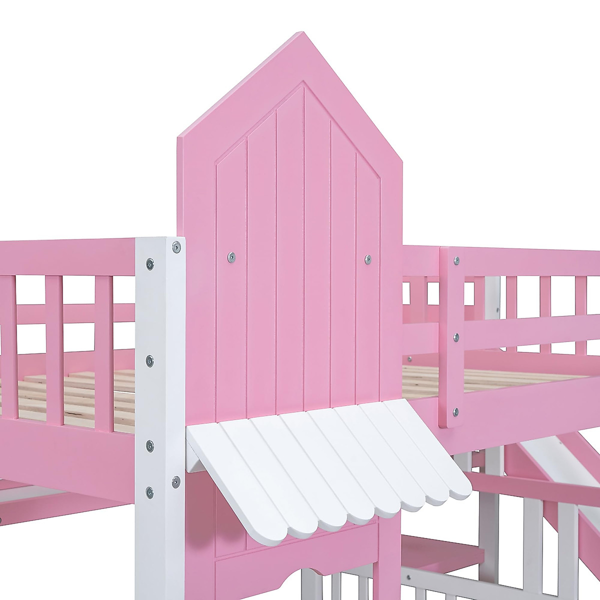 Loisall Castle Style Bunk Bed with 2 Drawers,Wooden Bed Frame with Ladder,Full-Length Guardrails,3 Shelves and Slide for Bedroom (Pink, Full-Over-Full)