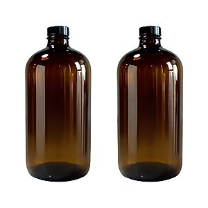 GPK4ALL 32oz 946ml Amber Boston Round Bottle with 28-400 Black Poly cone Phenolic caps, pack of 2
