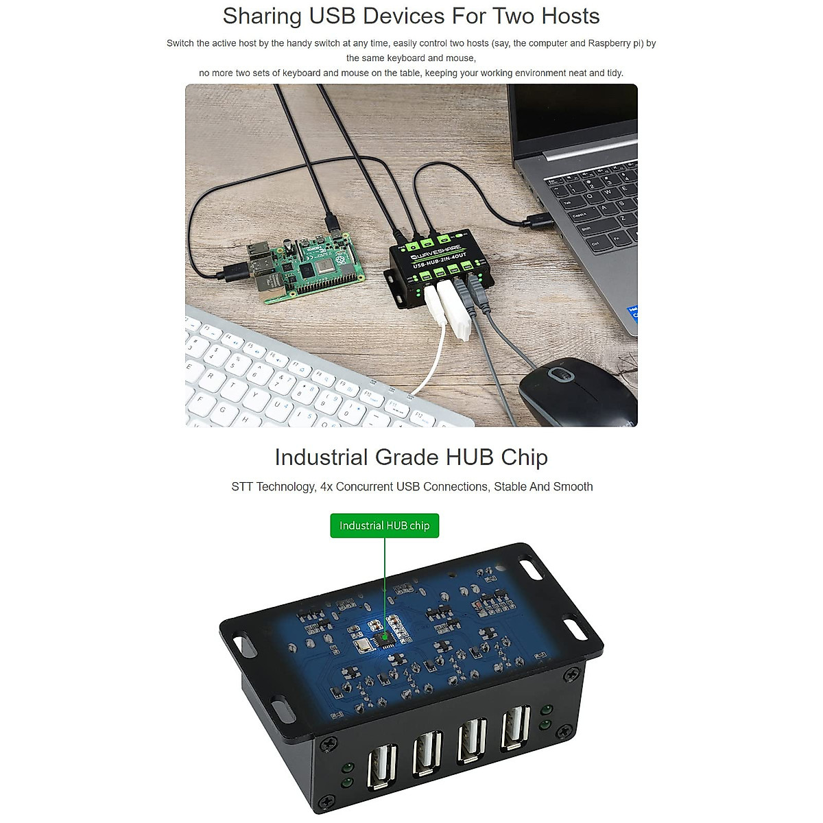 waveshare Industrial Grade USB HUB Extending 4X USB 2.0 Ports Switchable Dual Hosts Sharing USB Devices for Two Hosts Without Power Supply