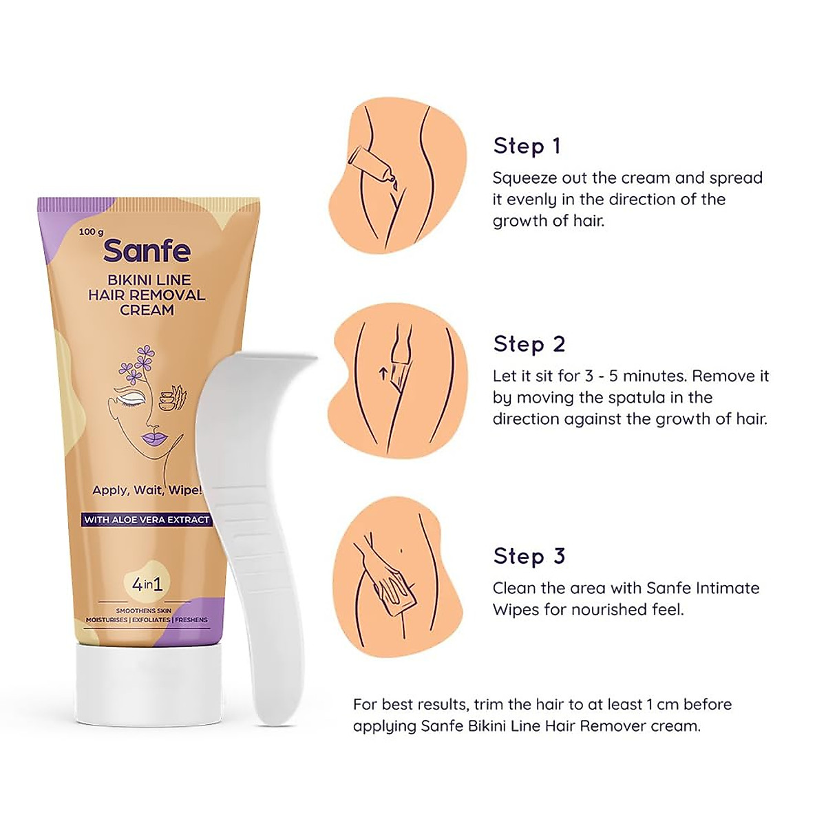 Sanfe Bikini Line Hair Removal Cream with Spatula and Intimate Wipes - 100g - Natural and Safe for sensitive skin - Lavender, Aloe Vera, Shea Butter