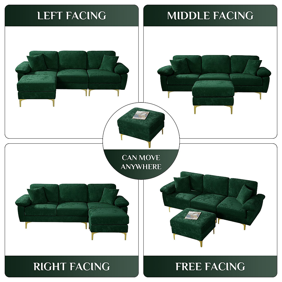 OUYESSIR L Shaped Sectional Sofa Couch, 3 Seat Velvet Sofa with Ottoman and Pillows, Upholstered Comfy Couch Sleeper for Living Room, Bedroom, 88 inches (Green)