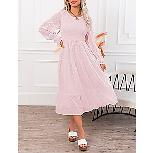 MEROKEETY Women's Long Sleeve Round Neck Smocked Elastic Waist A Line Tiered Dress,Pink,M
