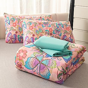 Podol Girls Pink Comforter Set Full Size, Butterfly Flowers Pattern Bedding Set, 5pc Lightweight Bed in A Bag with 1 Comforter, 2 Pillowcases, 1 Flat Sheet and 1 Fitted Sheet for Kids