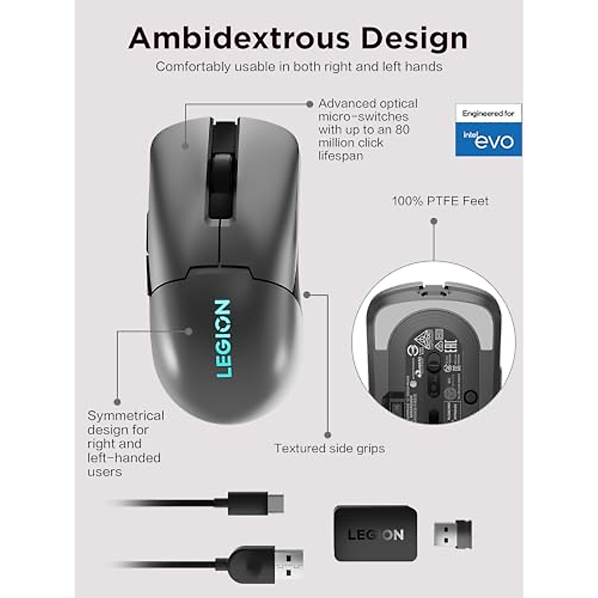 Lenovo Legion M600s RGB Wireless Gaming Mouse – 19,000 DPI, 6 Programmable Buttons, 70 Hours Battery Life, Tri-Mode Connectivity (2.4 GHz, Bluetooth, Wired), (Iron Grey)
