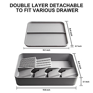 Silverware Drawer Organizer, Expandable Utensil Tray for Kitchen, BPA Free Flatware and Cutlery Holder, Adjustable Double Plastic Storage for Spoons