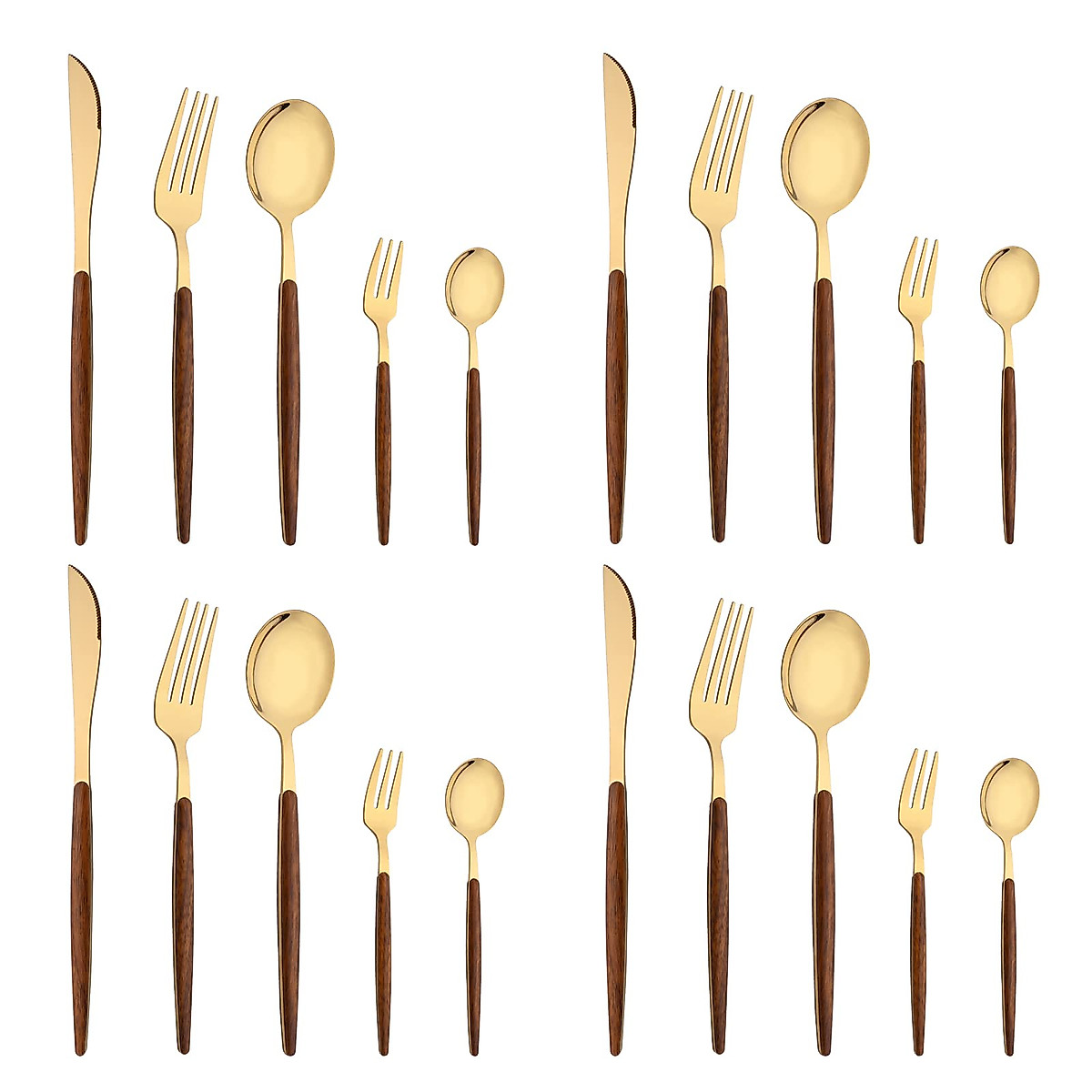 Uniturcky 20-Piece Silverware Set for 4, Stainless Steel Flatware Tableware Set, Mirror Polished Tableware Cutlery Set for Family Kitchen Restaurant, Faux Wooden Handle, Dishwasher Safe(Gold & Brown)