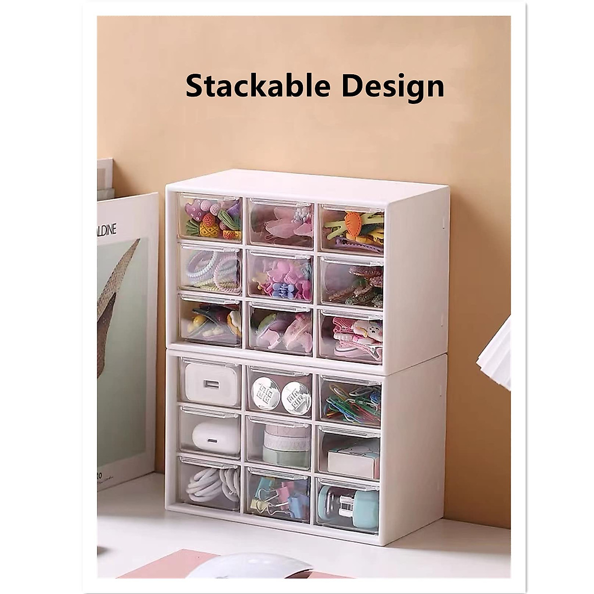 Feadily 2PCS Small Drawer Organizer for Desk, Desktop Drawer Organizer with 9 Clear Drawers, Plastic Desktop Storage Drawers 7.1 Inch x 3 .9 Inch x 4.7 Inch, White