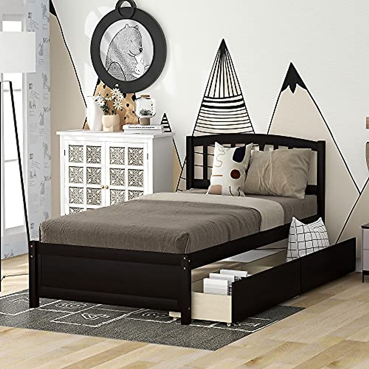 Harper & Bright Designs Twin Storage Bed Frame, Wood Platform Bed with Two Drawers and Headboard, Espresso