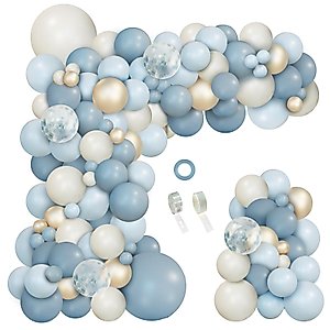 iLaFm 150Pcs Dusty Baby Blue Balloon Arch Garland Kit, Sand White Slate Fog Pastel Baby Blue Balloons Metallic Gold for Boy Baby Bridal Shower Birthday Wedding Party Decorations