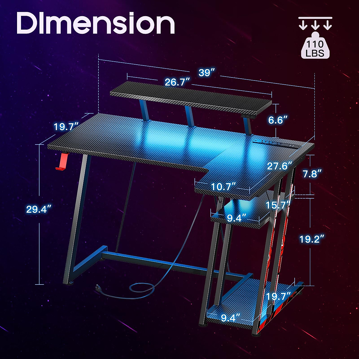 MOTPK Small Gaming Desk with LED Lights & Power Outlets, 39 Inch L Shaped Gaming Computer Desk with Storage Shelf, Gamer Desk with Monitor Stand, PC Gaming Table with Carbon Fiber Texture, Black