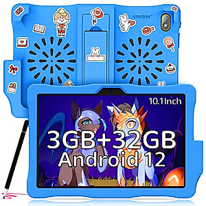 10.1 Inch Kids Tablet with Eye Protection,Android 12 Tablet for Kids,1280x800 HD IPS,3GB+32GB,6000mAh Dual Camera WiFi Bluetooth Tablet,Children Tablet with Shock-Proof Case YouTube Netflix(Blue)