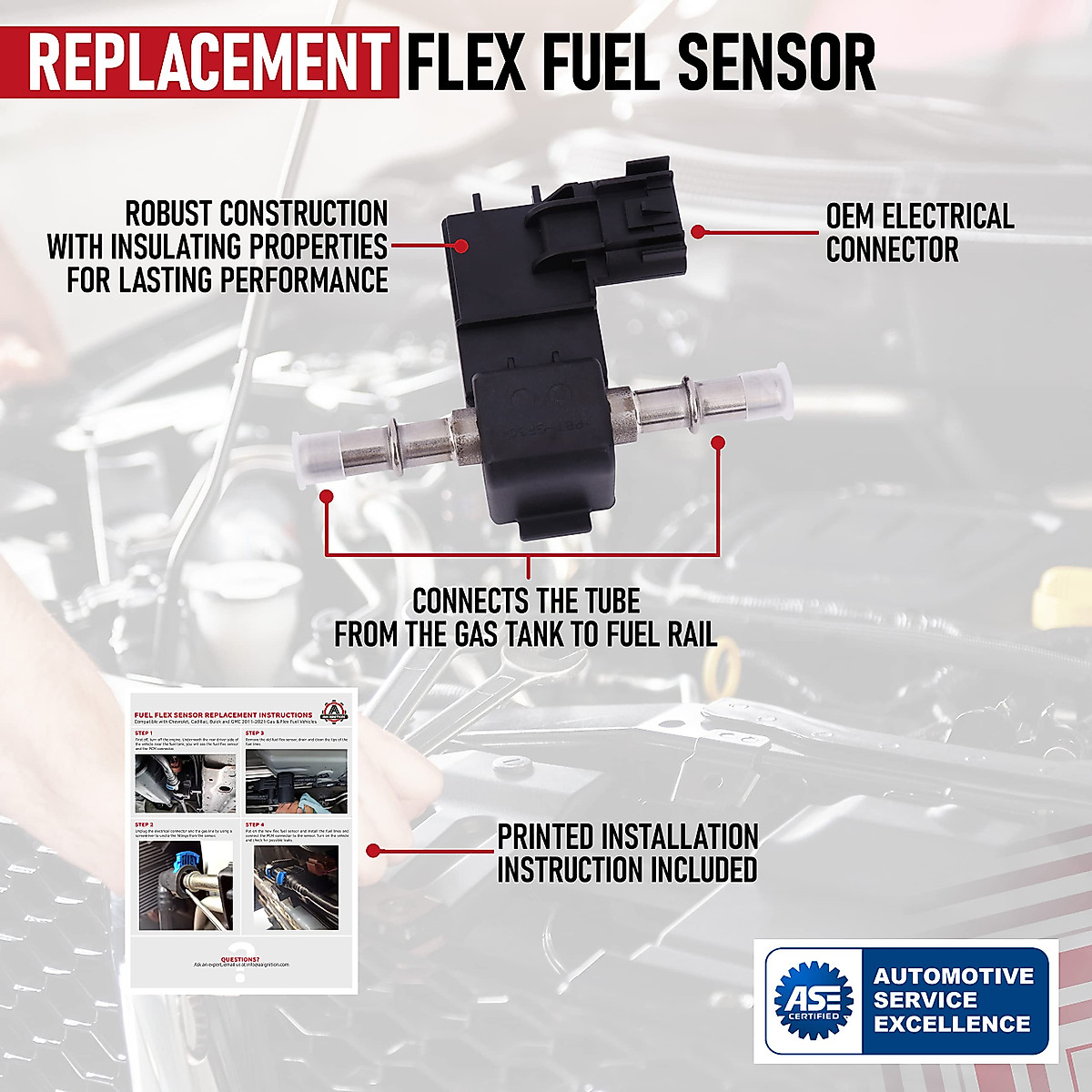 Replacement Flex Fuel Sensor, Compatible with Buick, Chevy, Cadillac, GMC - 2012-2021 - Replaces 13577429, 13507129 Lacrosse, ATS, SRX, Caprice, Equinox, Impala, Silverado 1500, Tahoe, Sierra 2500HD