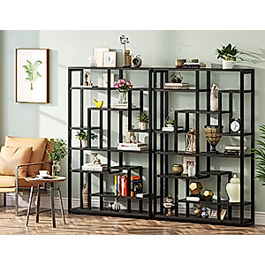 Tribesigns Black Bookshelf 47” Bookcase 9 Tier Tall Book Shelf Rustic Geometric Bookcase Display Shelf Organizer with Open Storage Shelf for Living Room, Industrial Wood Metal Bookshelf for Office